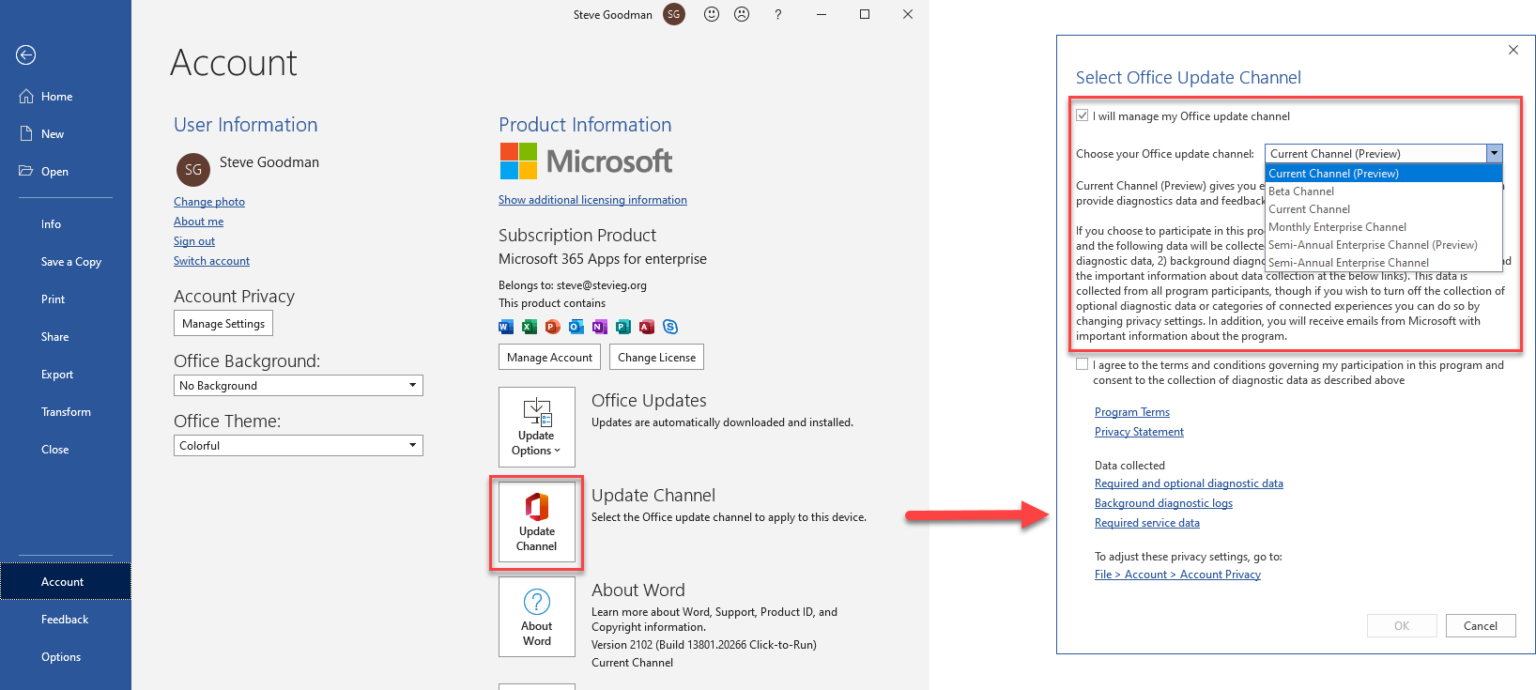 Switch between Office update channels and enable Teams Preview features ...