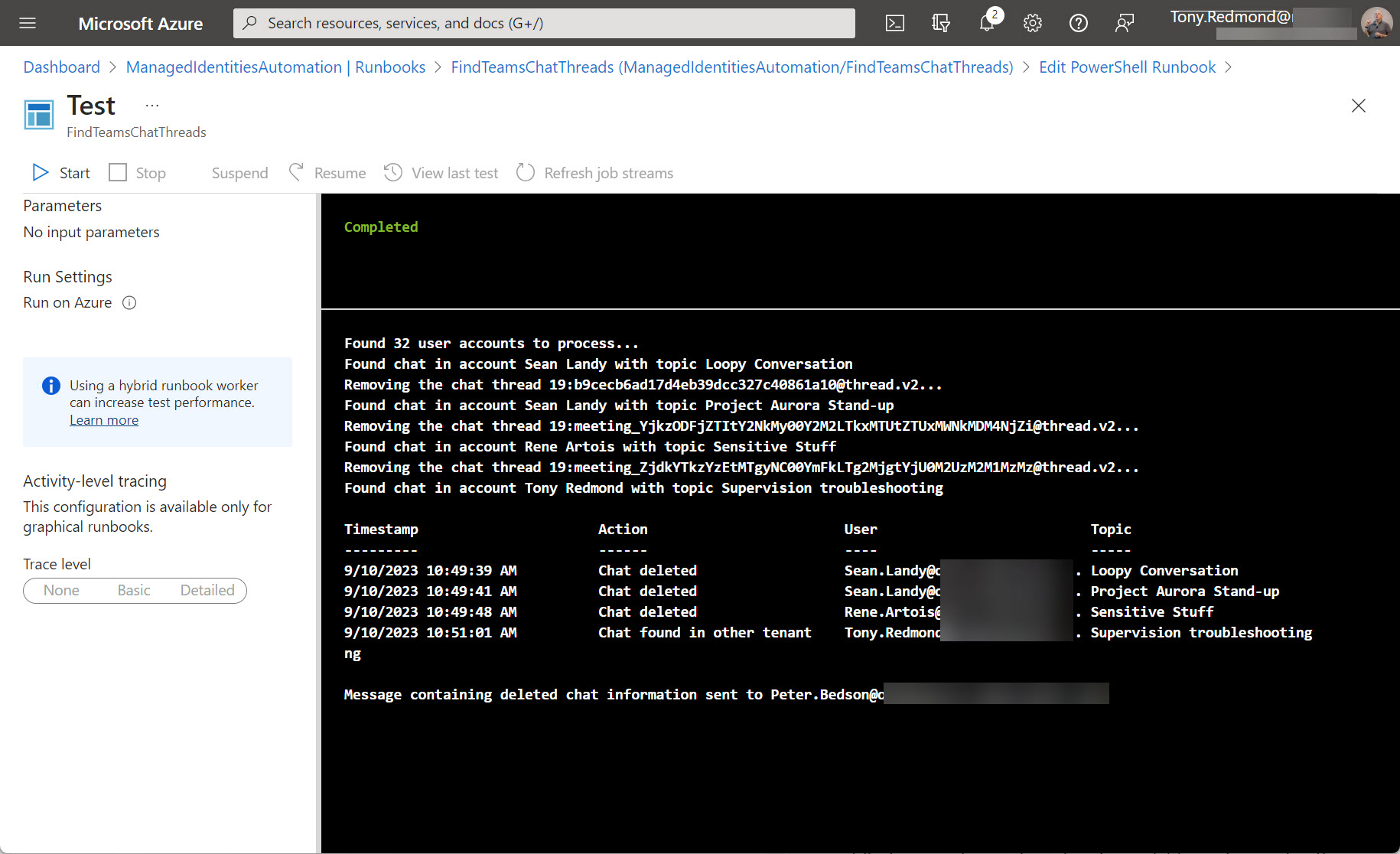 Delete Teams Chat Threads with an Azure Automation Eunbook